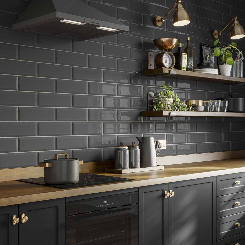 Metro Dark Grey Gloss Ceramic Wall Tile 100 x 300mm – Tiles and ...